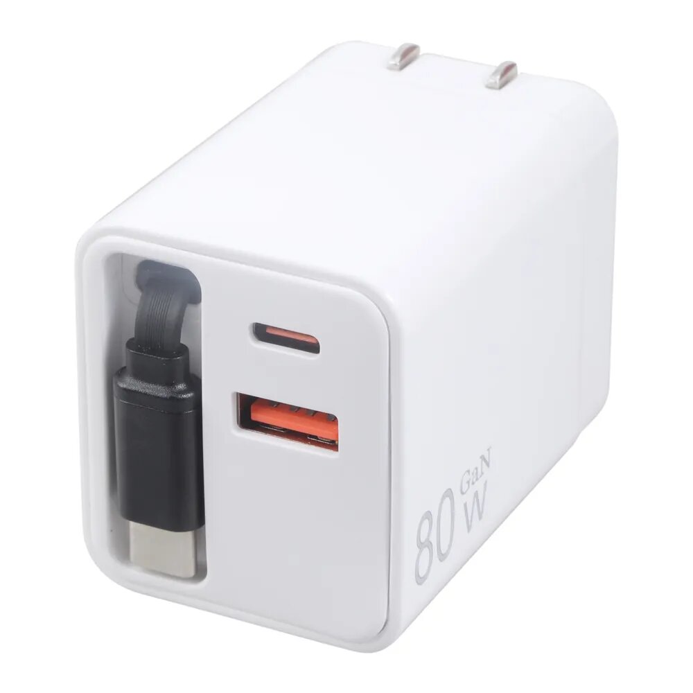80W Зарядное устройство с выдвижным кабелем USB C для одновременной зарядки 3 устройств