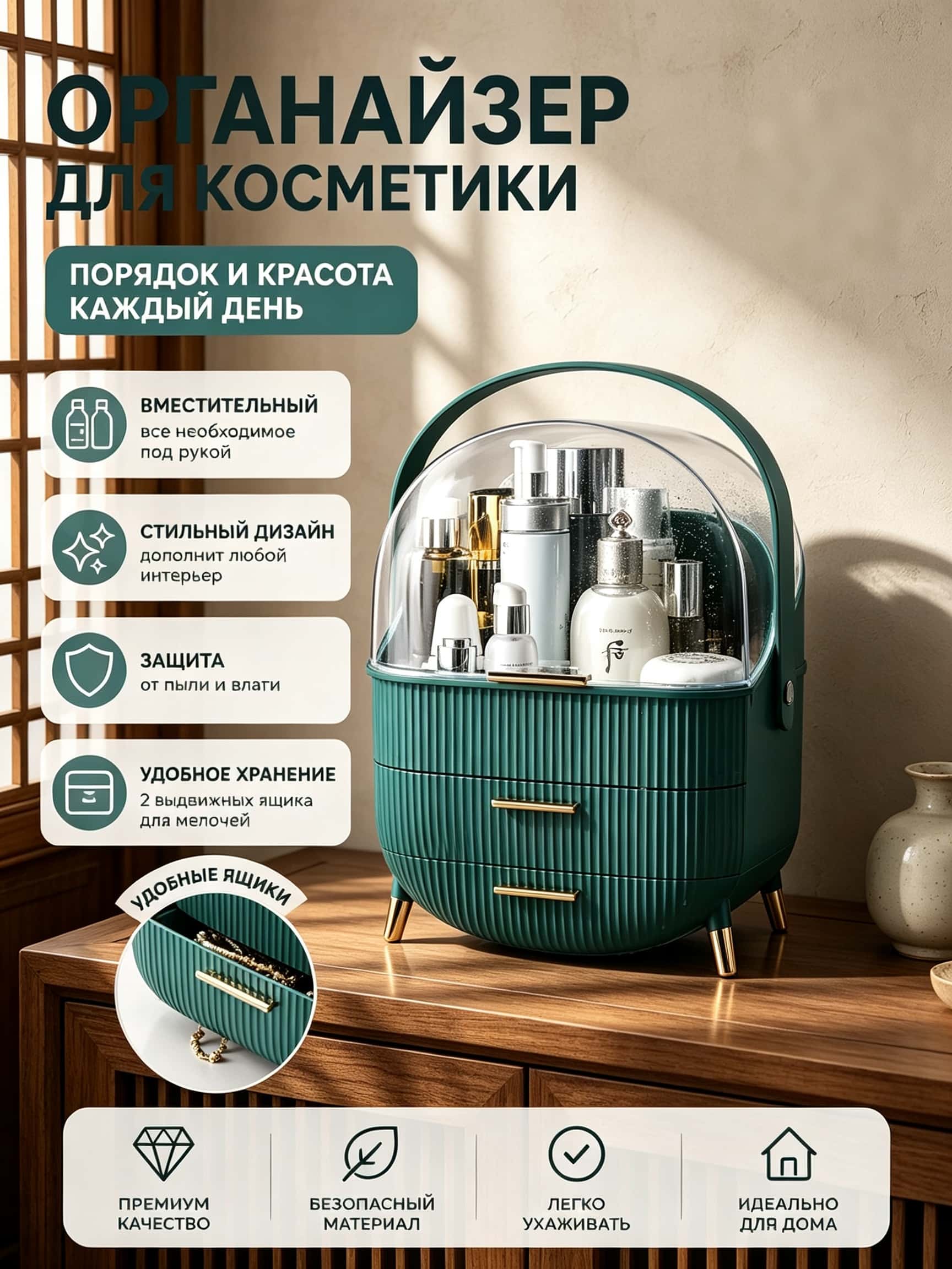 Органайзер для мелочей и косметики 30x20x34 см 1 шт abs пластик темно-зеленый