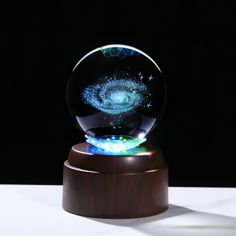 Ночник с 3D кристаллическим шаром 8 см, тема Галактика, большой подставкой, теплым светодиодным освещением для