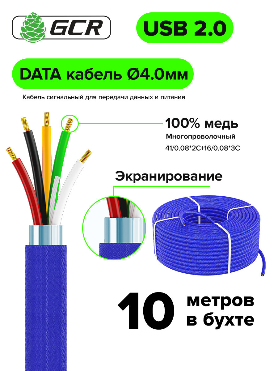 DATA Кабель сигнальный в бухте 10м медь GCR 5 жил 28/24AWG многопроволочный оплетка текстиль синий