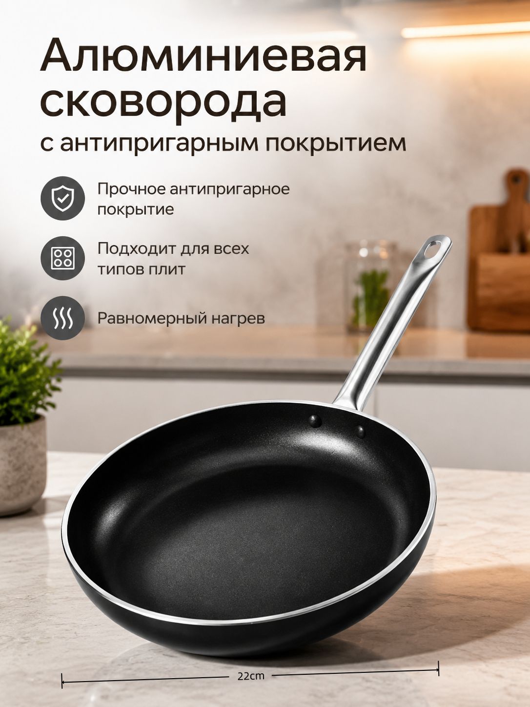 Алюминиевая сковорода, 22 см, с антипригарным покрытием, для всех типов плит