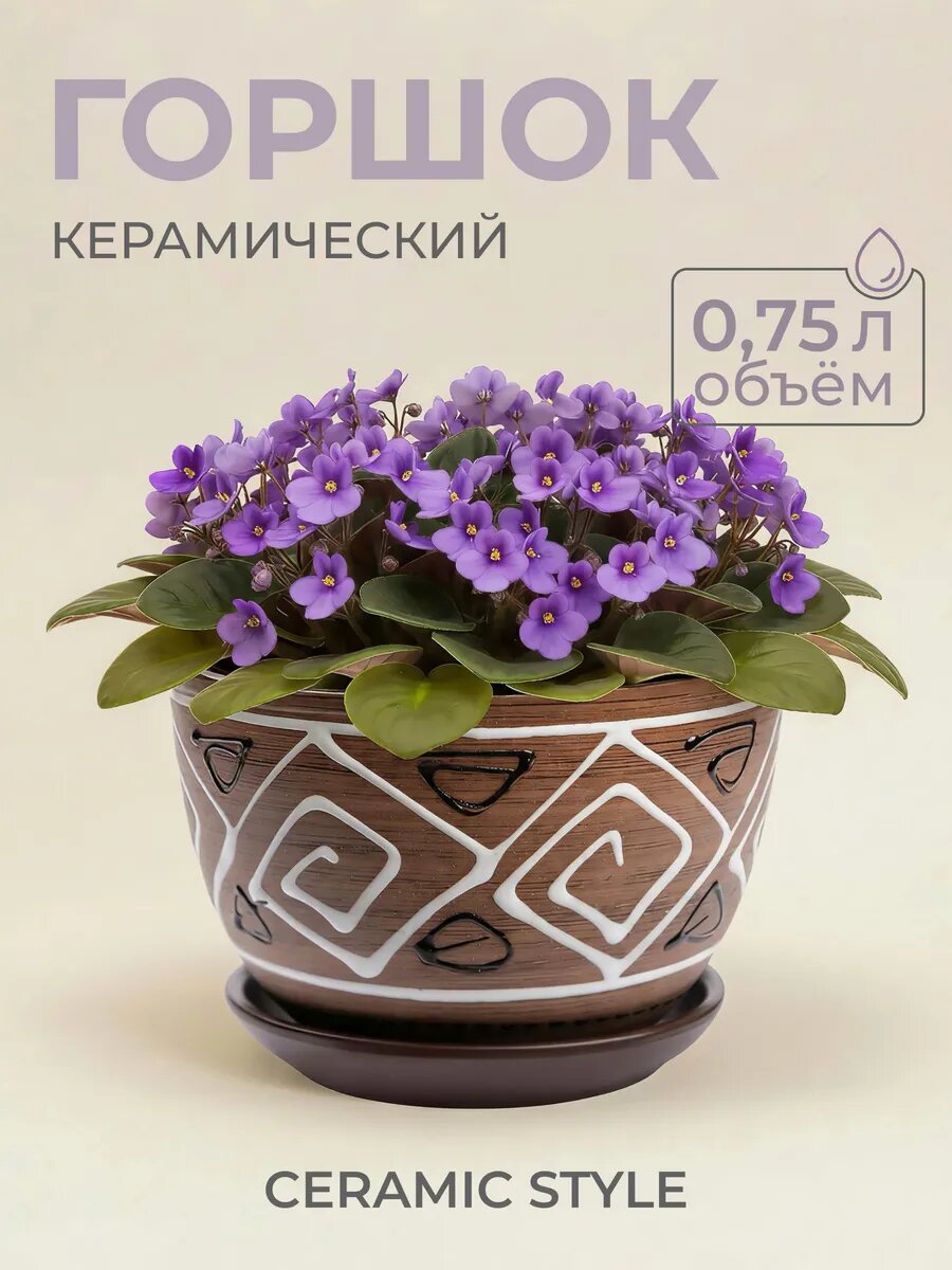 Горшок для цветов с дренажным отверстием и поддоном, 0,75л, керамика