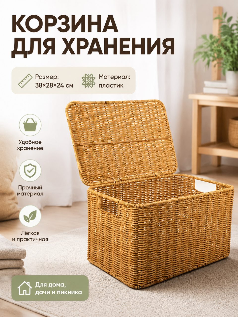 Корзина для хранения, пластик, полукруглая, коричневая, для белья и пикника