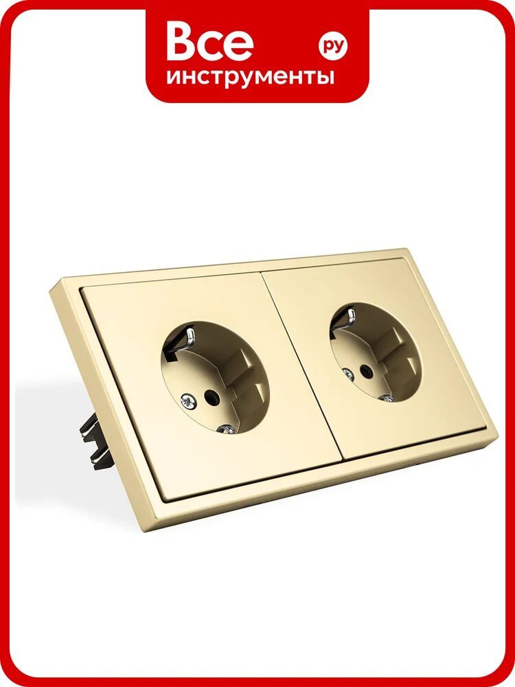 Розетка Vell золотая, электрическая, 2 поста, с тонкой пластиковой рамкой Grand {V702108} 1398280