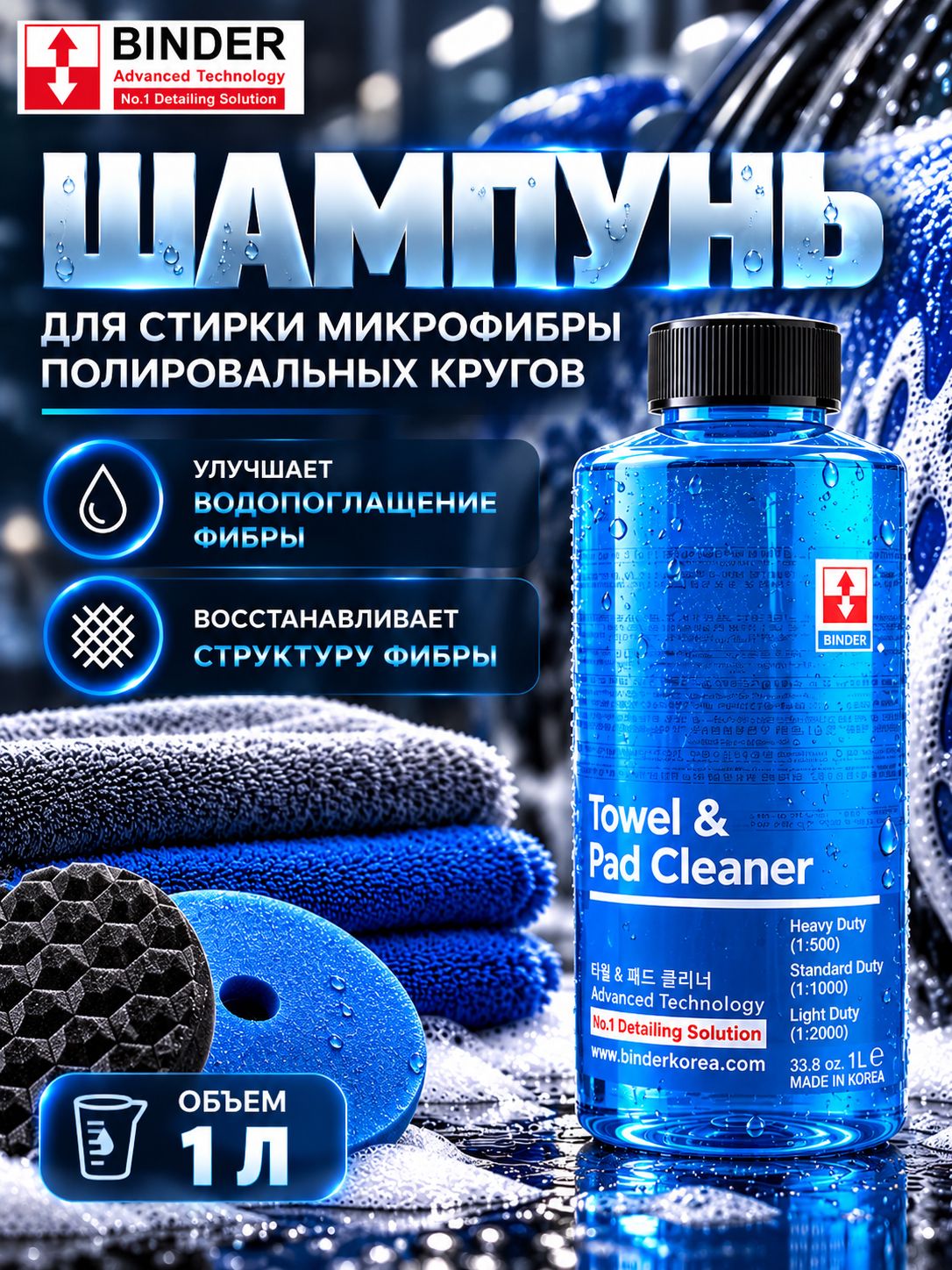 Шампунь для микрофибры BINDER и полировальных кругов Towel & Pad Cleaner 1 л.