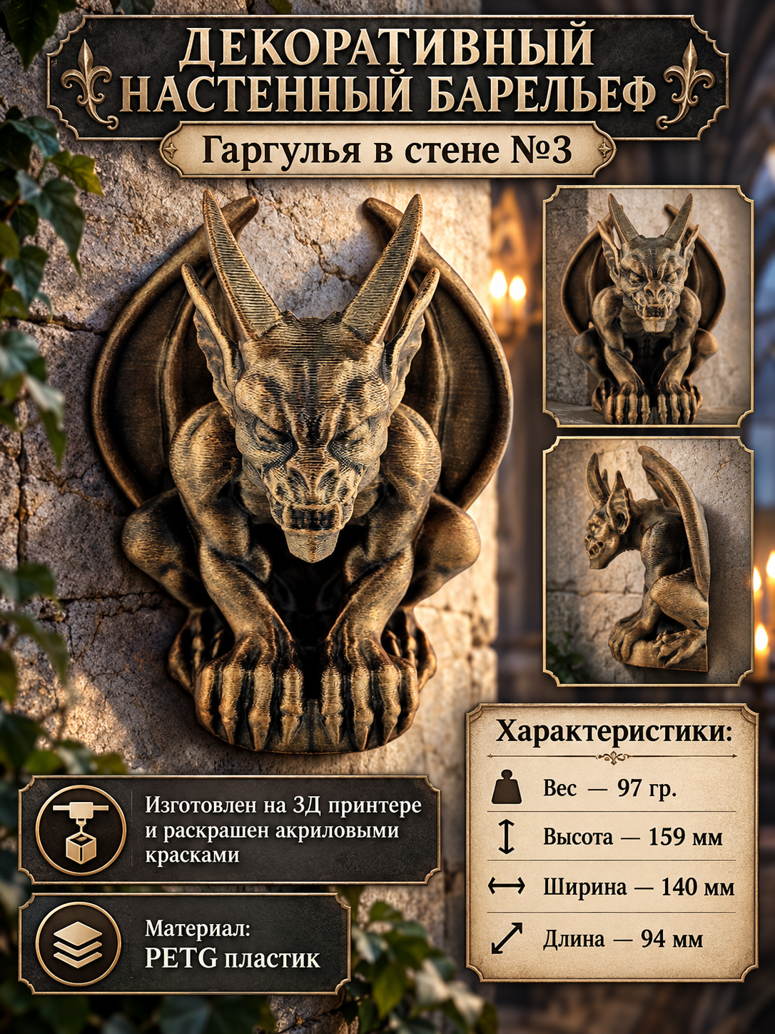 Декоративный настенный барельеф «Гаргулья в стене №3»