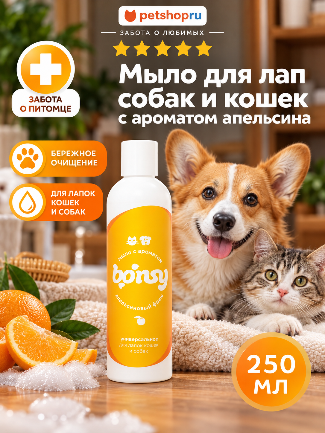 Bonsy Мыло для лап собак и кошек с ароматом "Апельсиновый фрэш" 250 мл