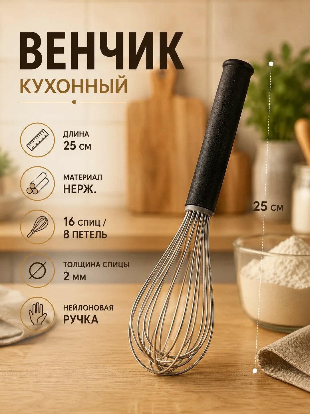 Венчик 25 см. нерж. 16 спиц/8петель толщина спицы 2 мм. нейлоновая ручка