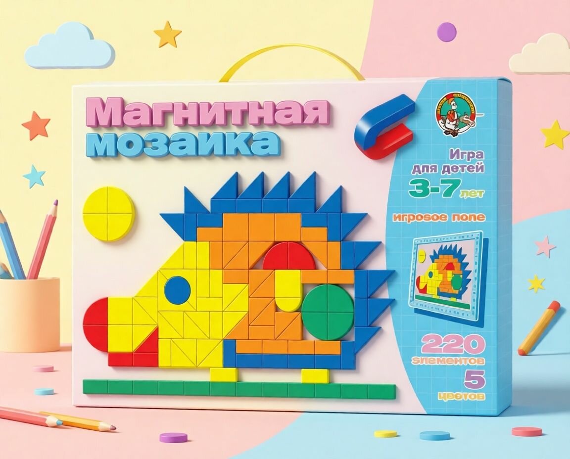 Мозаика "Ёжик", магнитная, 220 деталей, развивающая, для детей