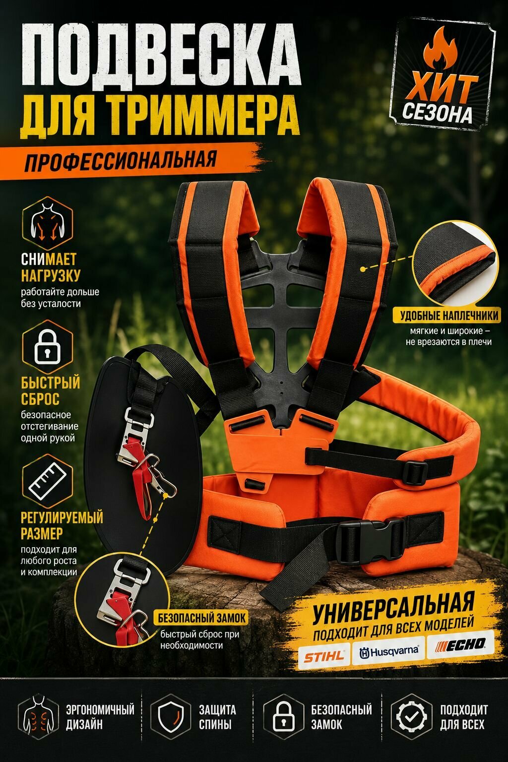 Двойной разгрузочный ремень-пояс для мотокосы и садовых триммеров, амортизирующие лямки, мягкая поясная подушка