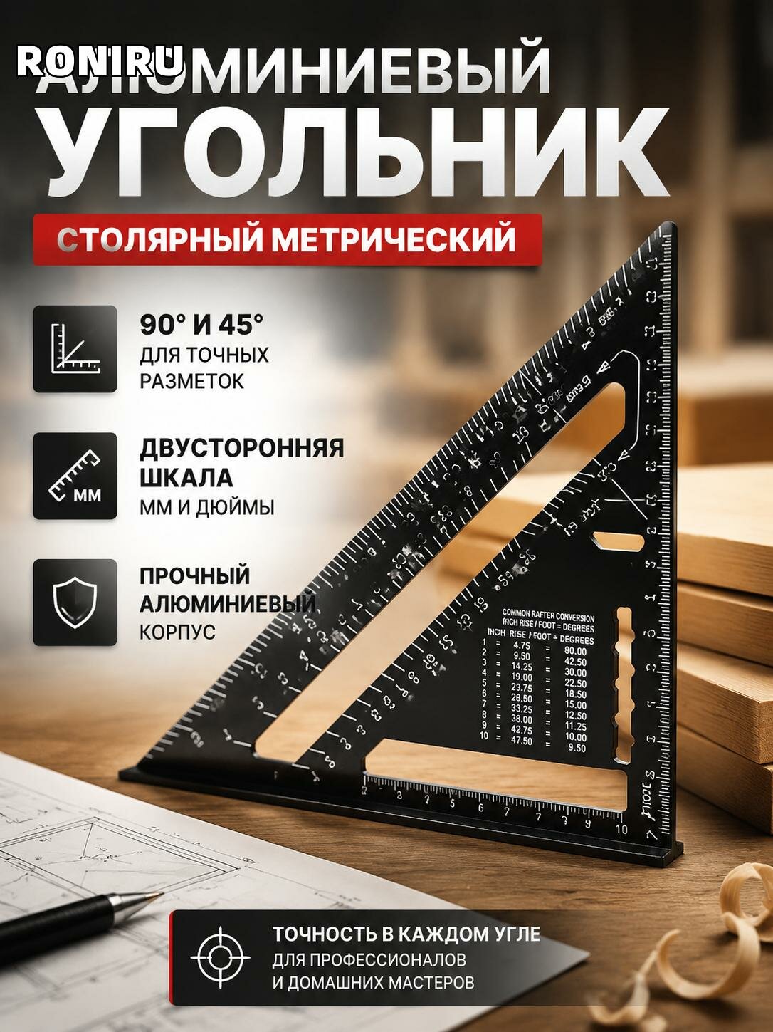 Алюминиевый двусторонний угломер — строительный угольник 90° и 45° для разметки, проверки вертикали и столярных работ
