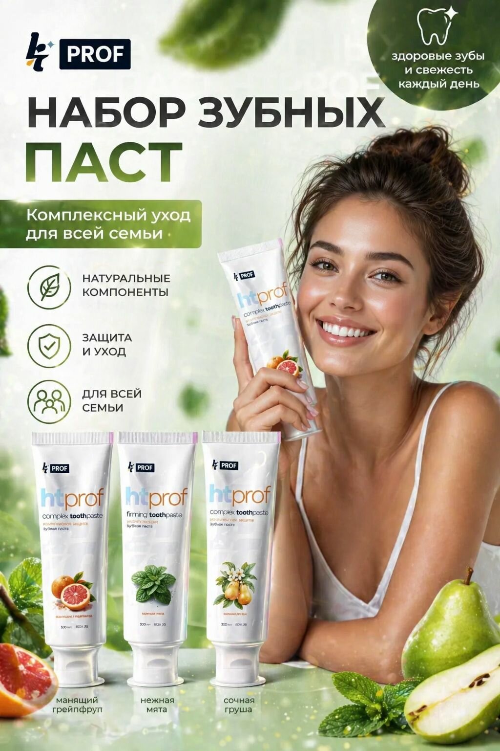 Зубная паста ht, набор 3 шт по 100 мл, комплект ассорти, со вкусом мяты , груши, грейпфрута, для чувствительных зубов, для укрепление эмали, для взрослых и детей