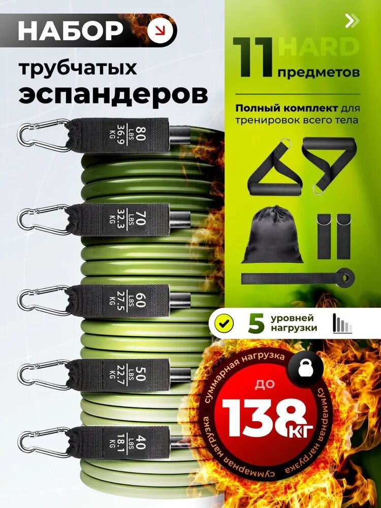Набор трубчатых эспандеров, 11 предметов, 5 уровней нагрузки, до 138 кг, с усиленными креплениями, эспандер для фитнеса и тренировок, фитнес резинки с мешочком для хранения