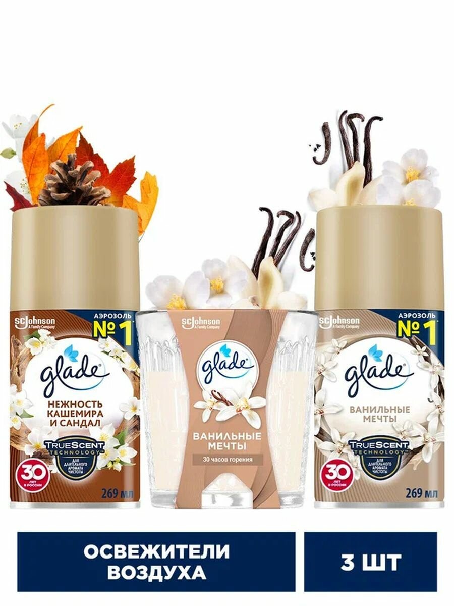 Микс кейс Glade Automatic см. баллон Неж. кашем. 269мл, Ванил. мечты 269мл, свеча Ванил. мечты 130г
