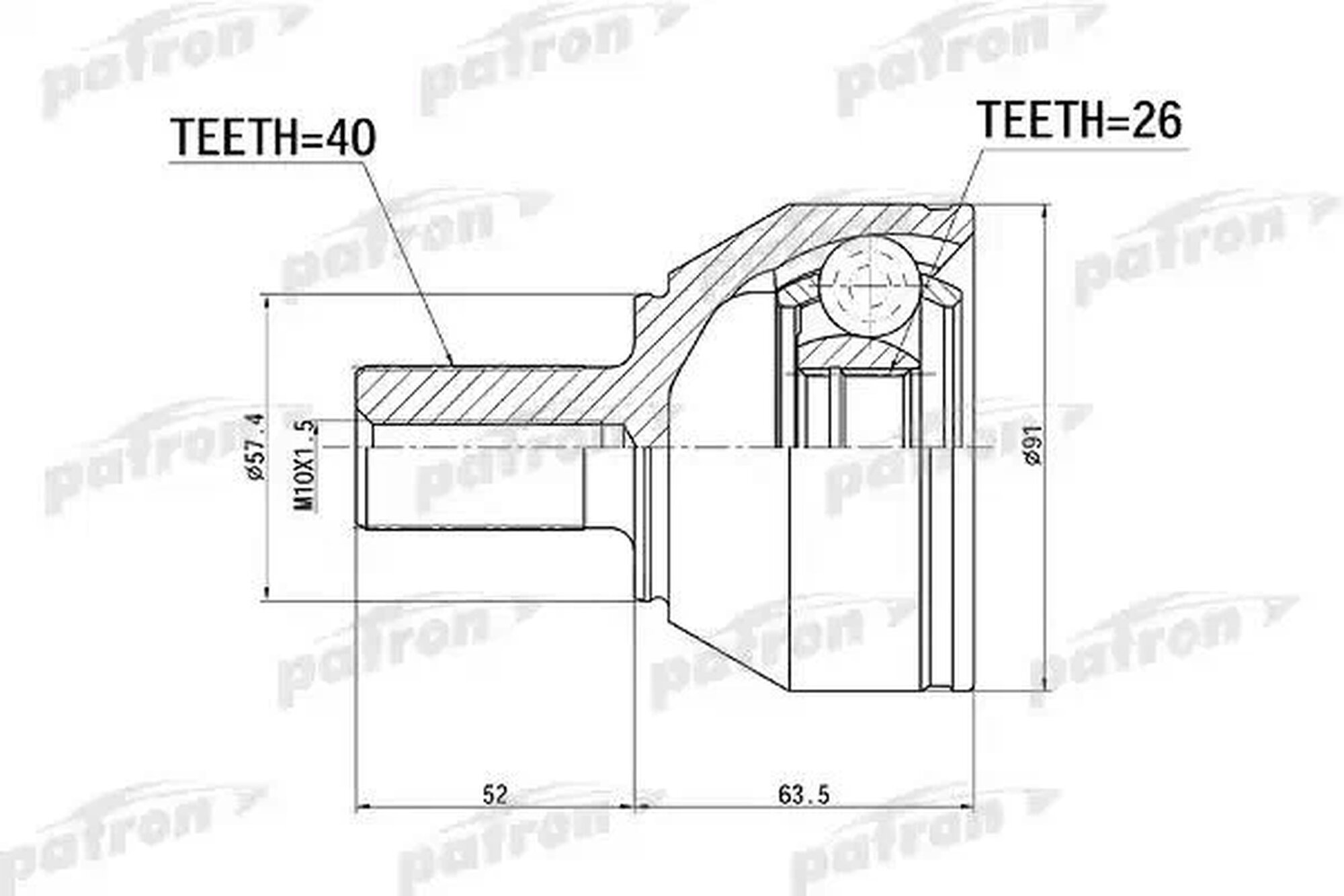 ШРУС PATRON PCV1337, наружный, для Ford Mondeo CA2 2007, 40 мм x 57,4 мм x 26 мм