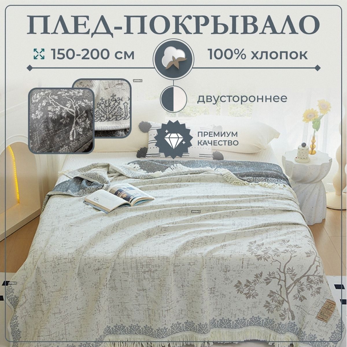 Плед 150x200 см хлопок двусторонний абстракция, размер 150 на 200 см, расцветка с растительным узором