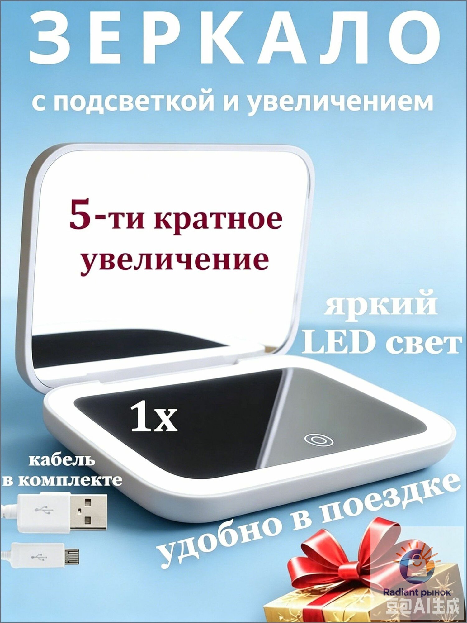 Зеркало гримерное, 8 см х 2 см, 1 шт