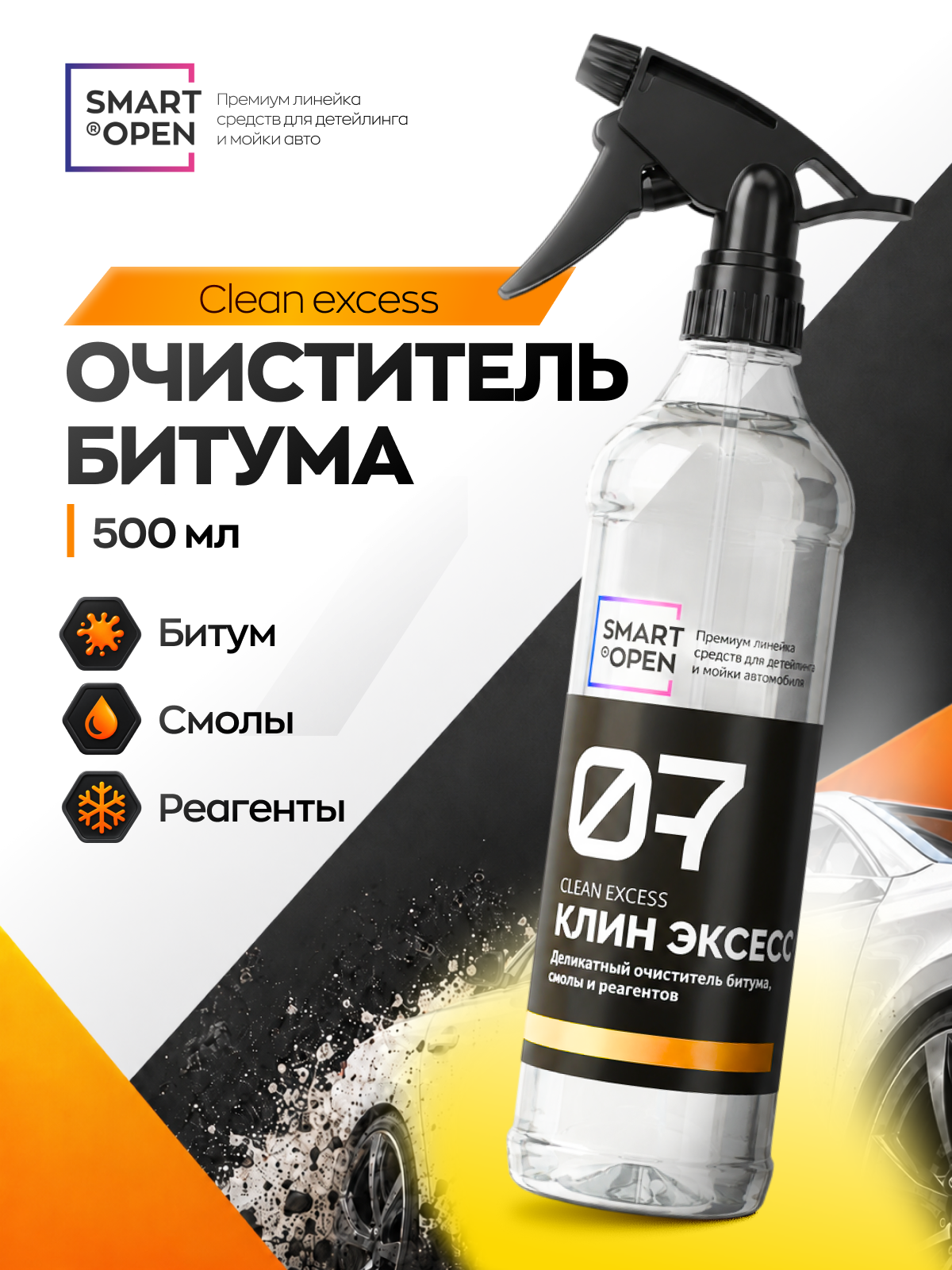 Очиститель битумных пятен, антибитум для авто, очиститель битума Smart Open "Clean Excess" 0,5л