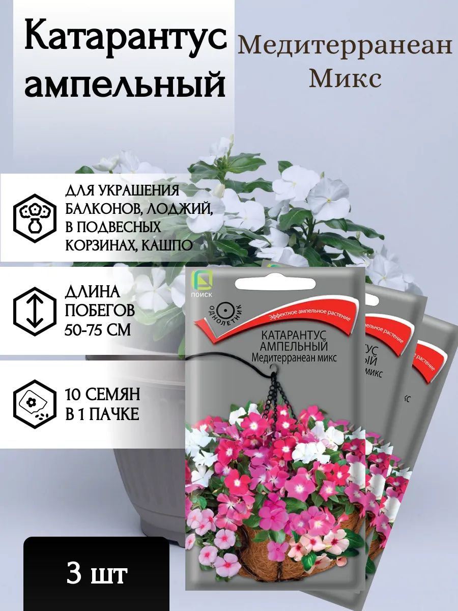 Катарантус ампельный Медитерранеан Микс, набор 3 Х 10 шт.