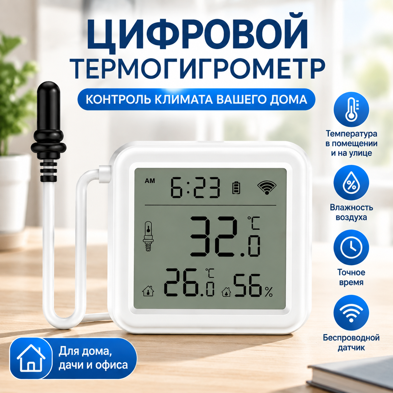 Умный WiFi датчик температуры и влажности с выносным зондом 1 м для умного дома и офиса, точный контроль