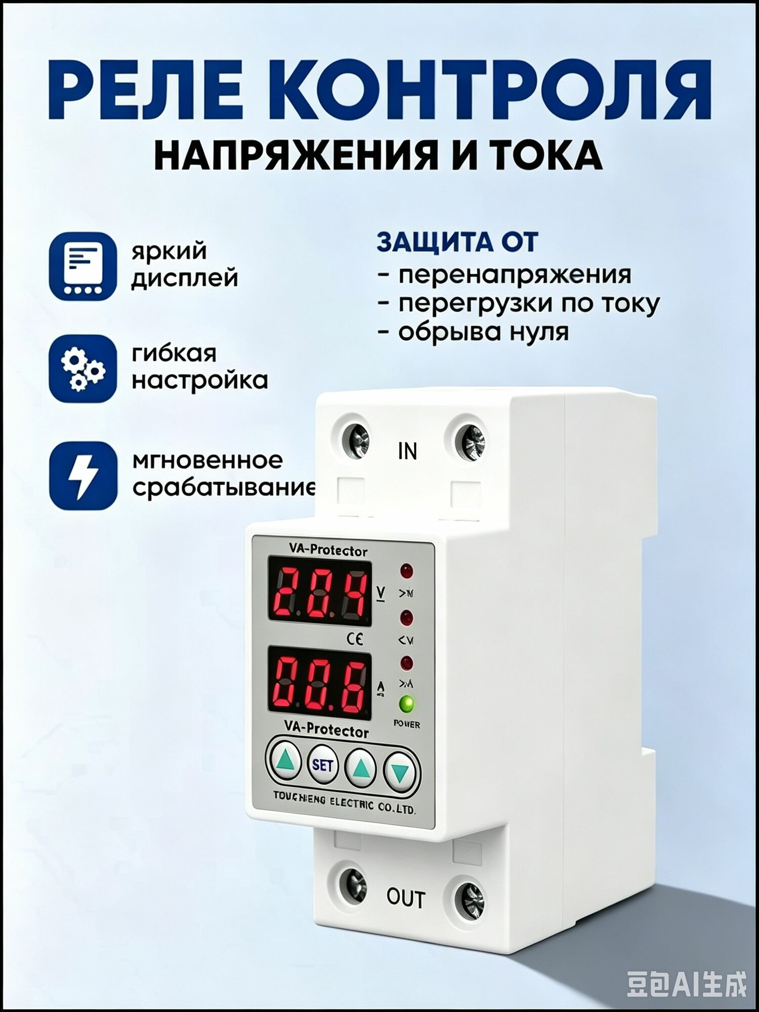 Реле контроля напряжения TOVPD1-63-EC с защитой от перегрузки по току и перенапряжения 63 А / Защитное устройство в DIN рейку