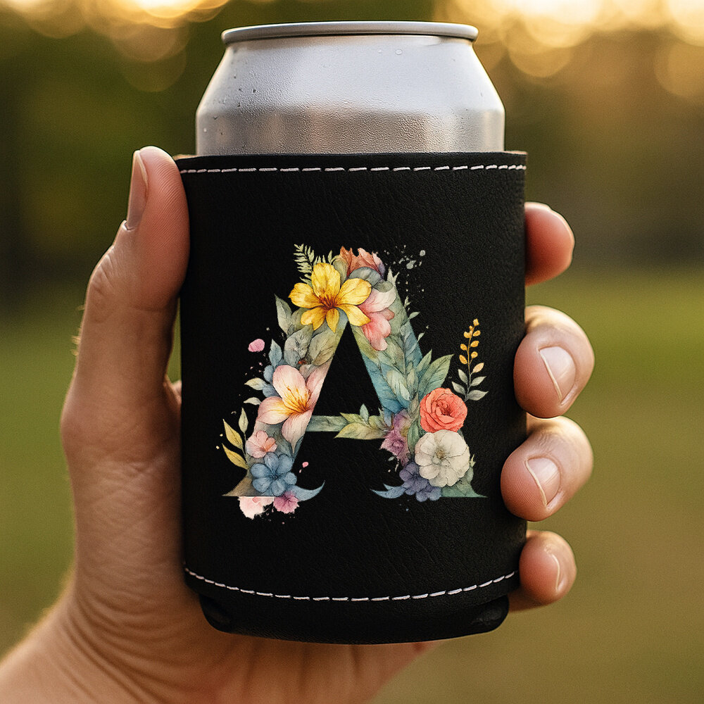 Чехол-охладитель для банок 12 oz из искусственной кожи, черный, модель А, с цветочным узором