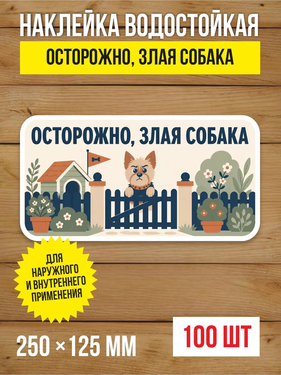 Наклейка «Осторожно, злая собака» виниловая, 250х125 мм, 100 шт