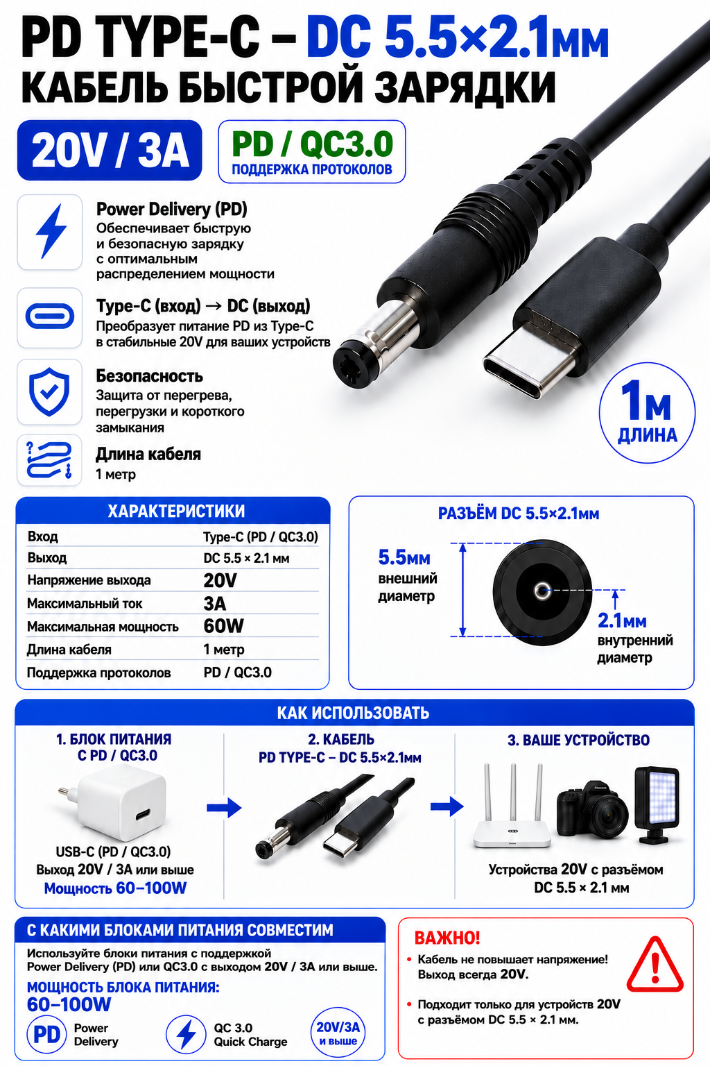 Кабель PD-триггер быстрой зарядки Type-C - DC 5.5*2.1mm 20V для мобильных устройств — фото 1