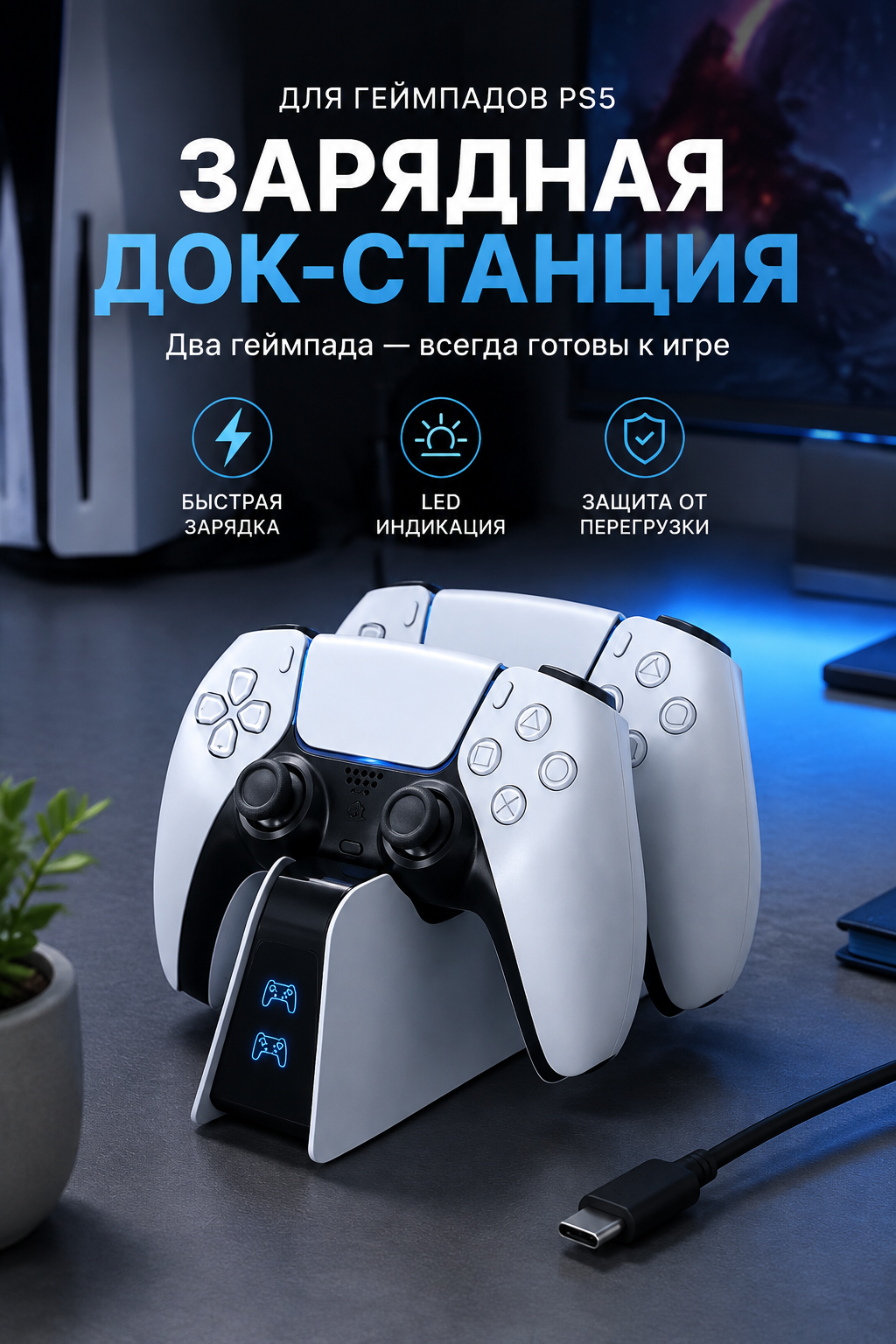 Зарядная док-станция для 2 геймпадов PS5, с LED-индикацией и кабелем USB Type-C, белая