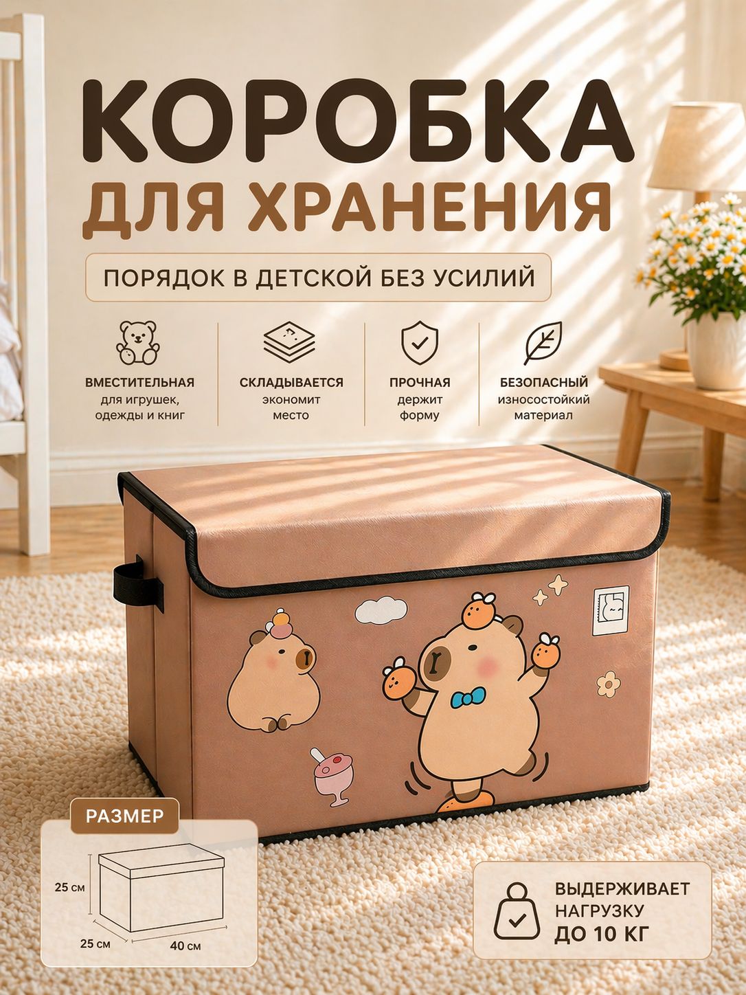 Коробка для хранения капибара / органайзер для книг и контейнер для игрушек в детскую комнату / хранение игрушек и вещей / Ящик Коричневый / Короб детский