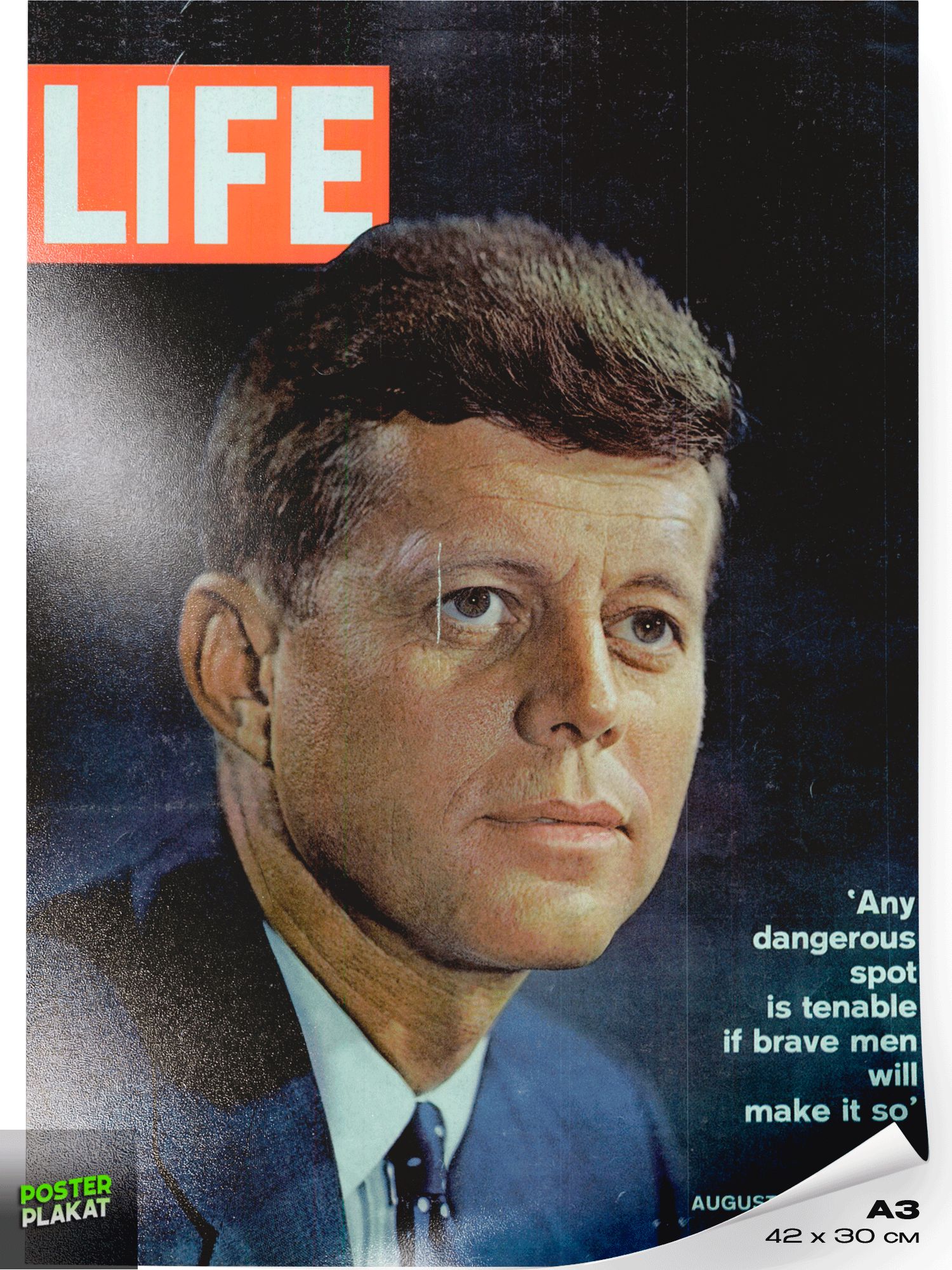 Постер LIFE, Джон Кеннеди (John F. Kennedy), цветной портрет президента, винтажный плакат на стену для интерьера, для дома и офиса, А3 (420х297 мм), ПП