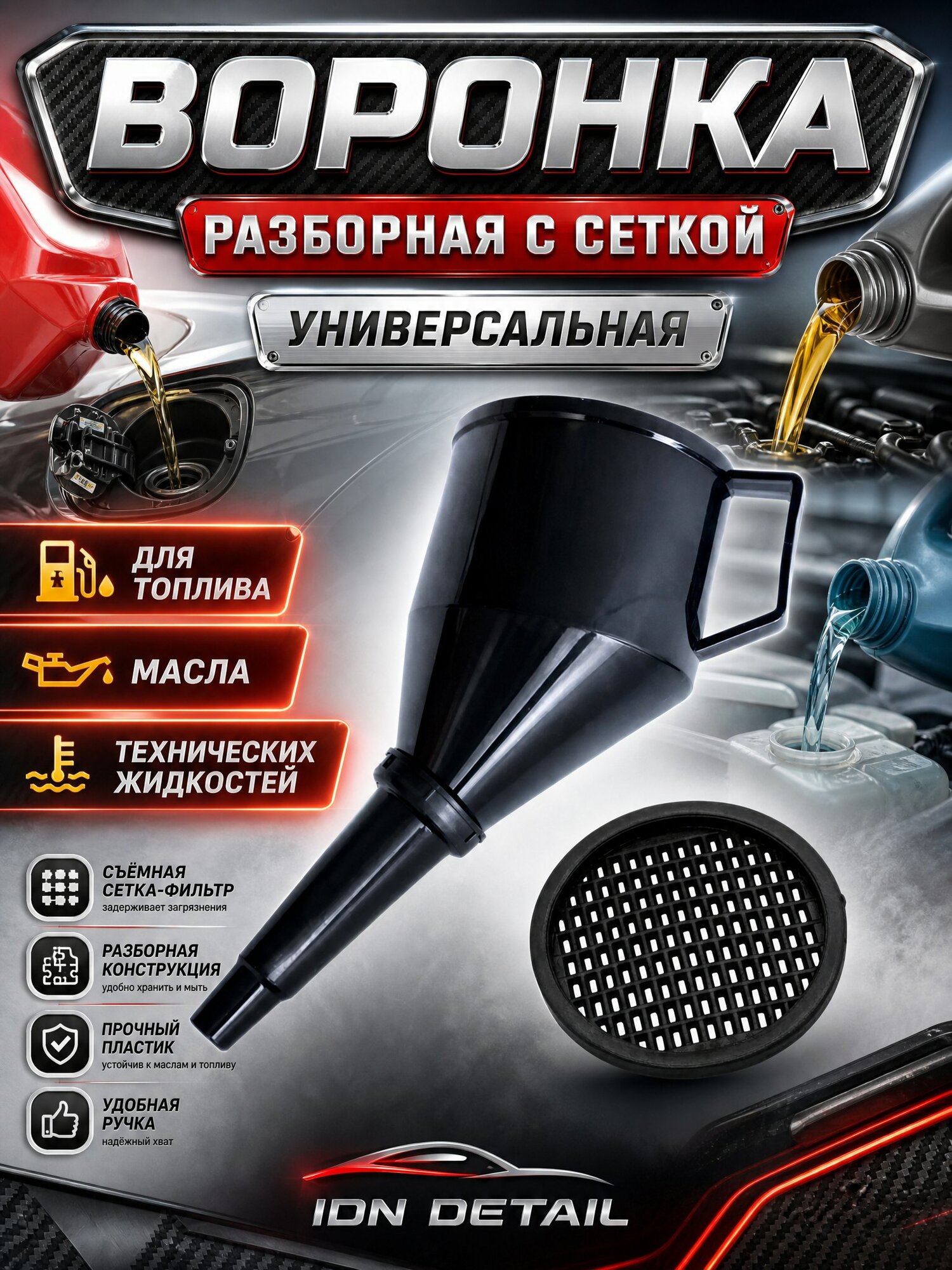 Воронка универсальная с жесткой трубкой для бензина, масла и технических жидкостей, разборная, с фильтром, для канистр и бутылок