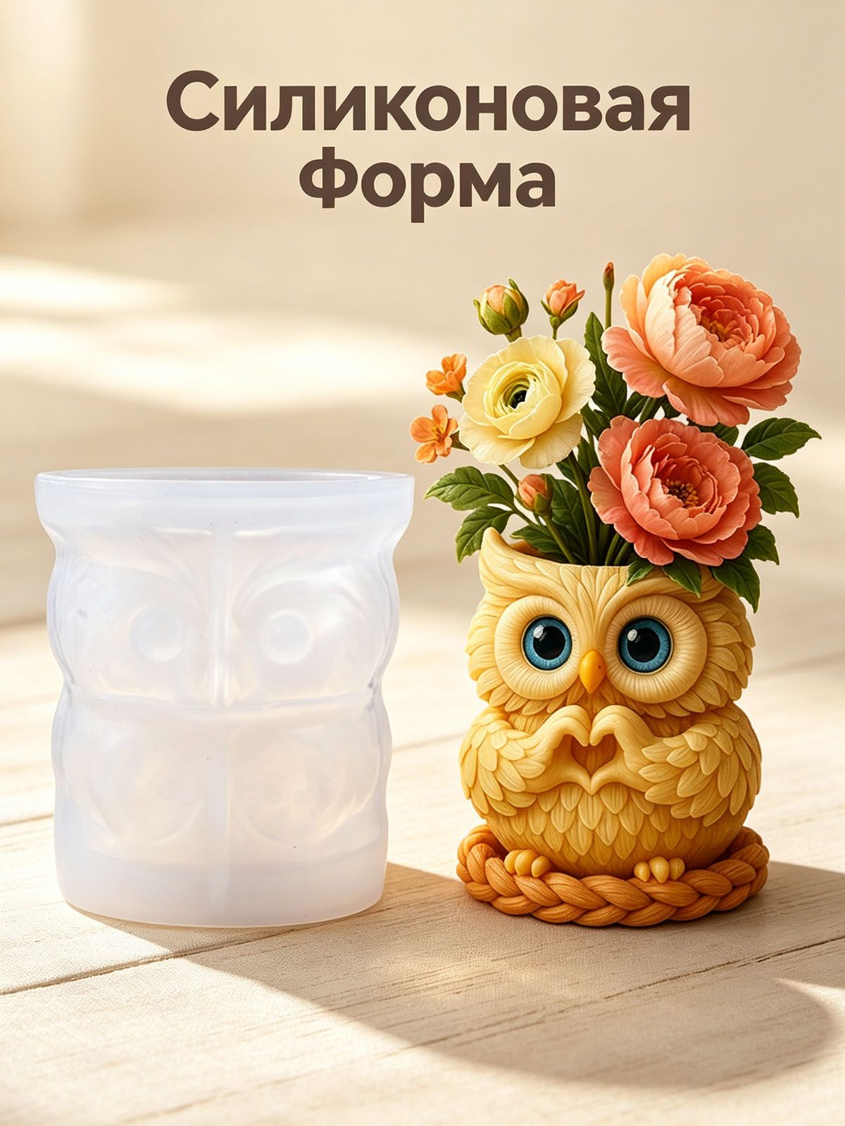 Силиконовая форма молд "сова" для гипса, бетона и эпоксидной смолы для вазы Стакан для свечей, подсвечников и горшков - #350