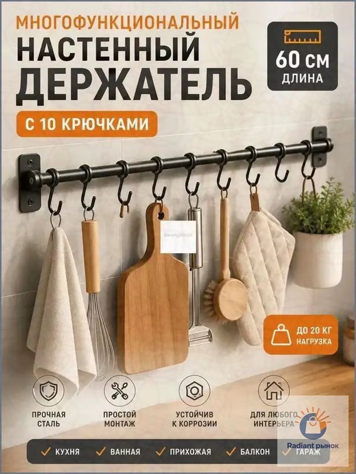 Рейлинг для кухни, ванной 60 см х 1.6 см 1 шт металл черный