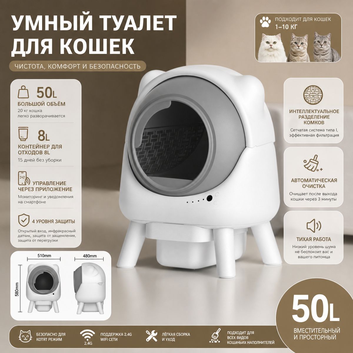 Автоматический лоток для кошек с функцией очистки