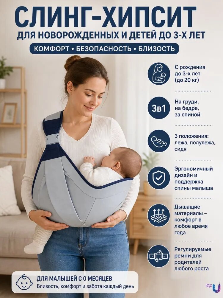 Слинг для переноски новорожденных Кенгуру переноска для детей до 3-х лет Эргорюкзак Хипсит