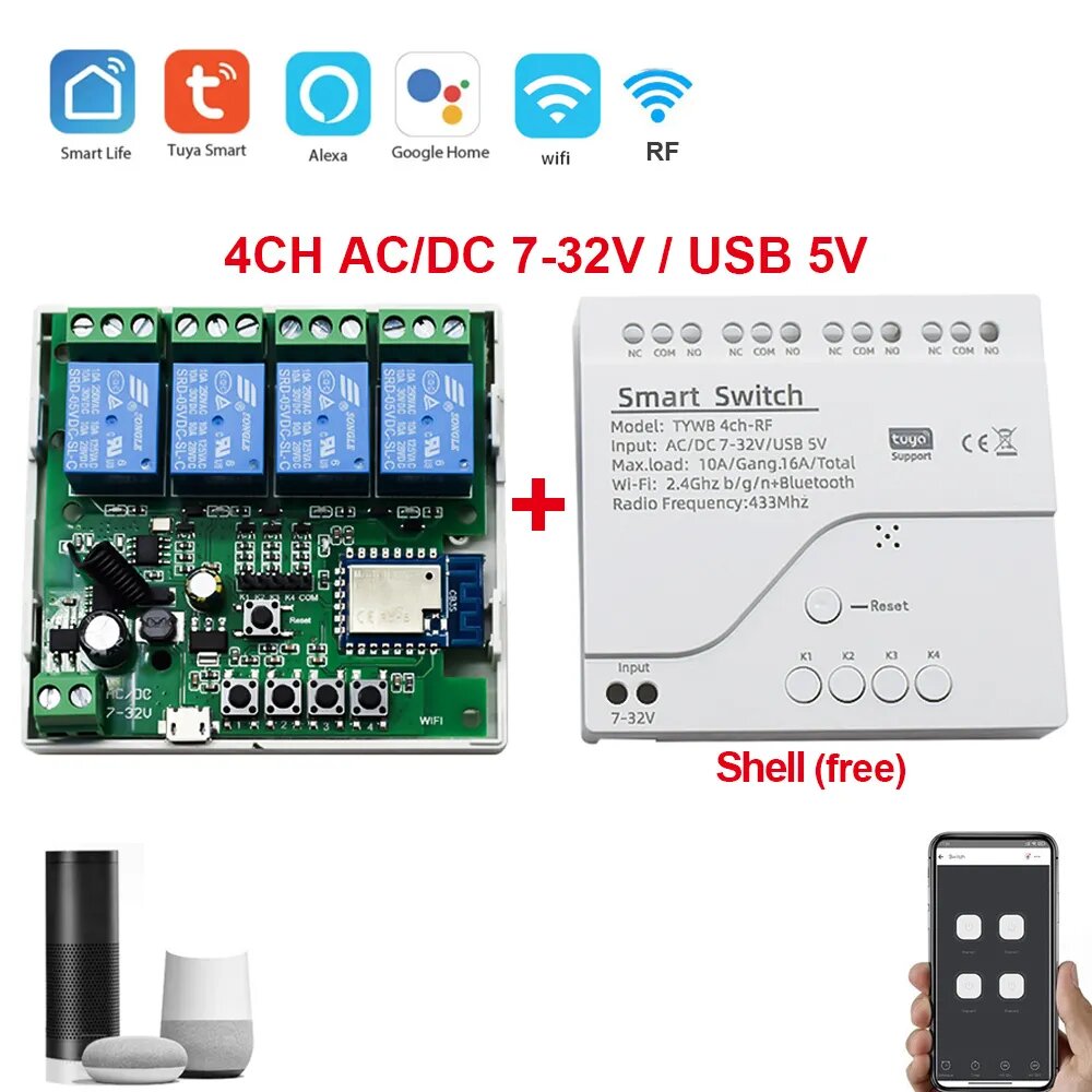 Модуль управления Умным домом Tuya Wifi 4CH(7-32В)