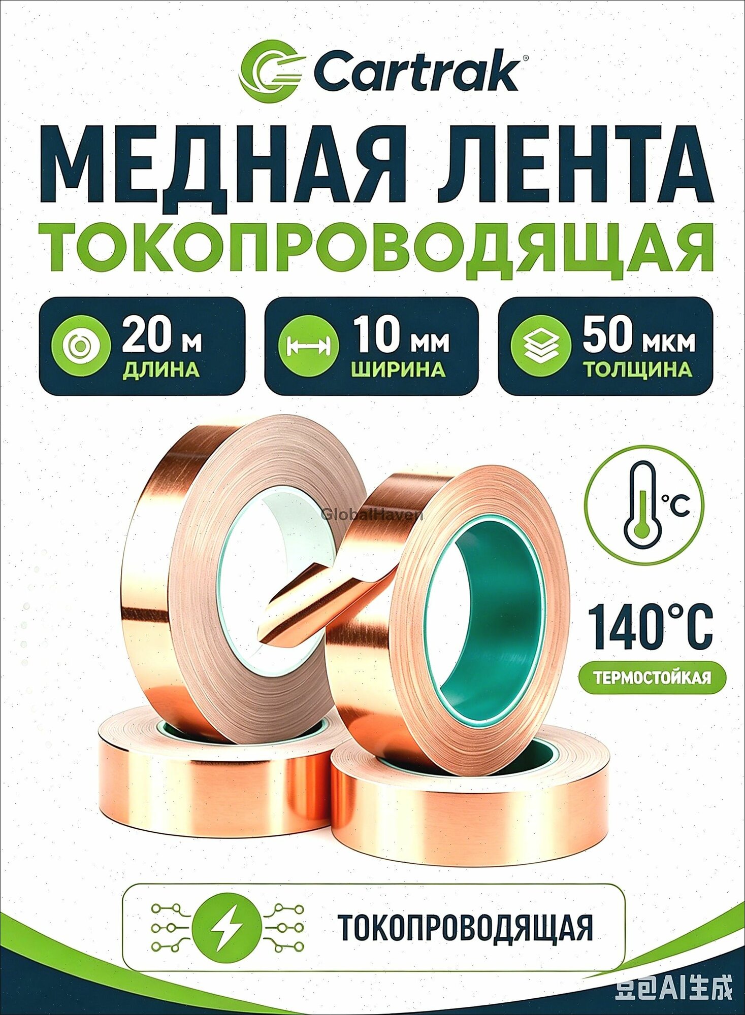 Медная самоклеящаяся лента из фольги токопроводящая для экранирования и заземления 50мм 10м 80мкм