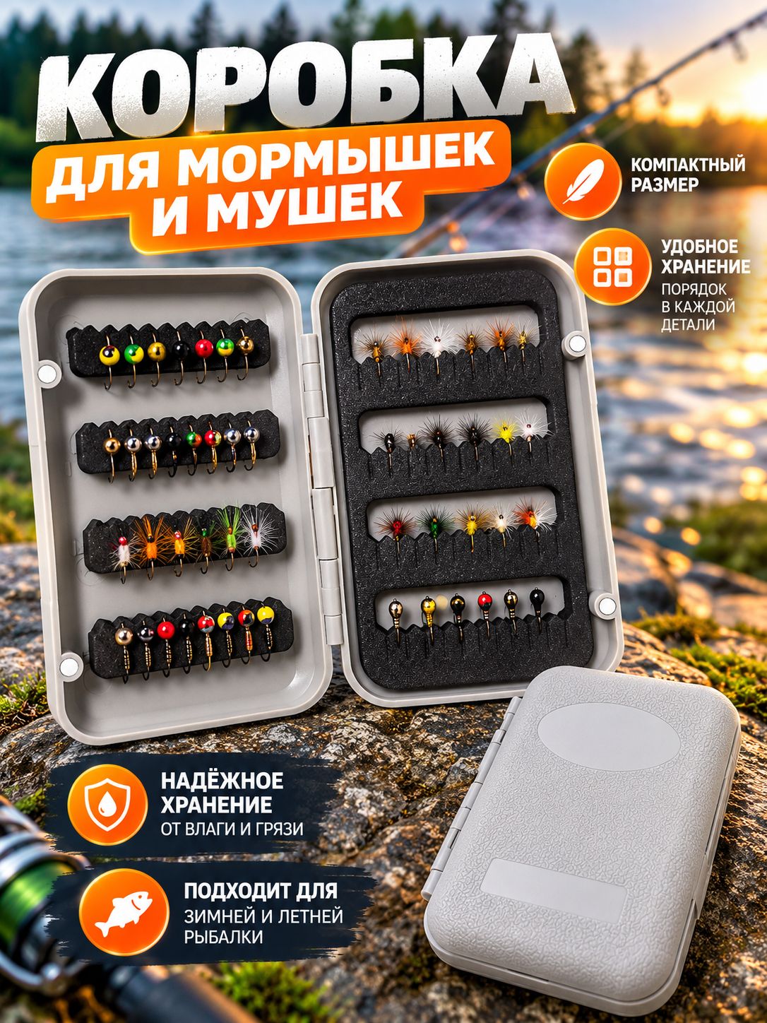 Коробка для мормышек и мушек двусторонняя, рыболовный органайзер с поролоновыми вставками, футляр для хранения приманок и крючков