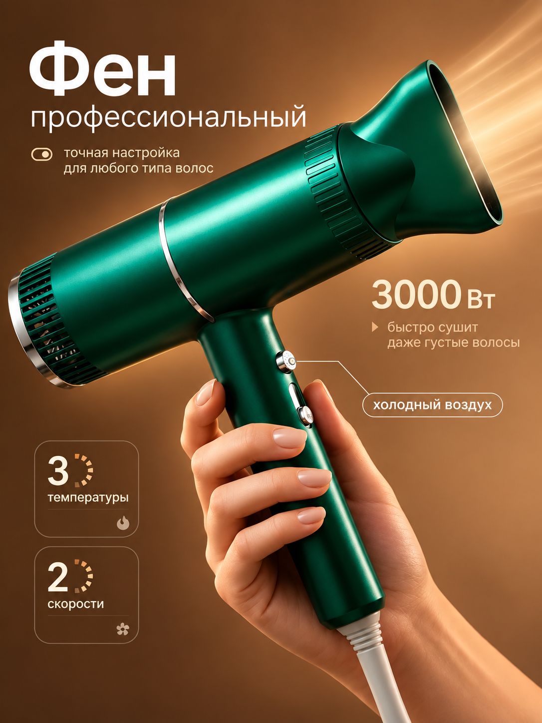 Фен для волос профессиональный мощный 3000Вт, 3 скорости, холодный обдув, RTV