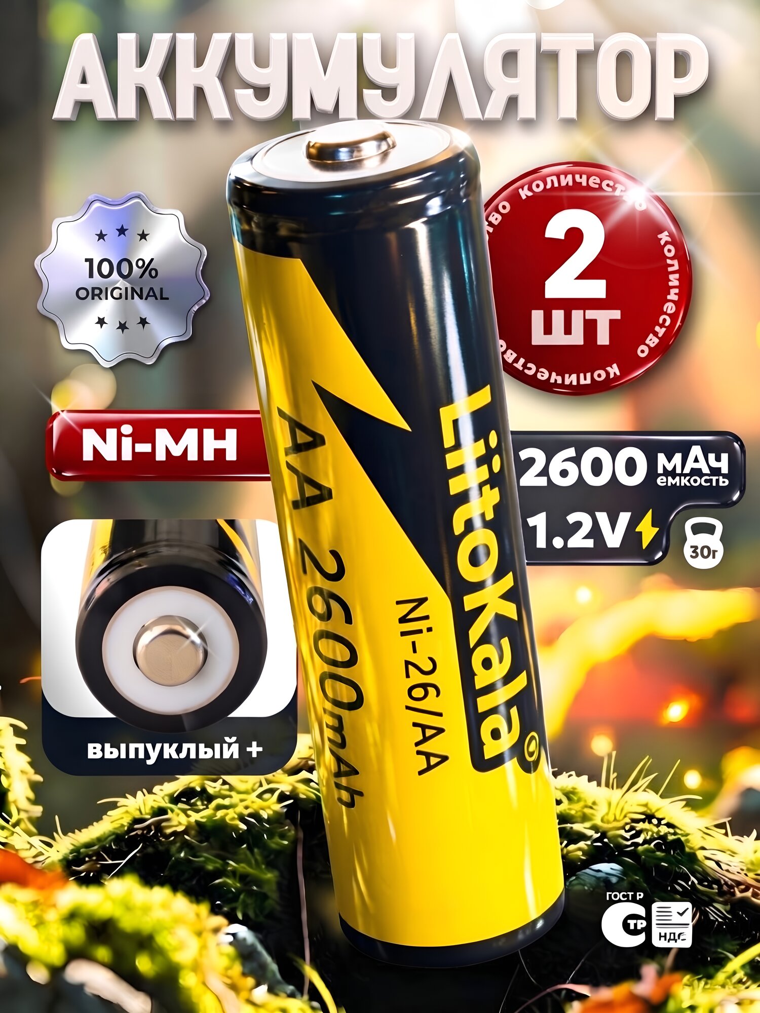 Аккумулятор LiitoKala АА Ni-MH 1.2В 2600mAh незащищенный / пальчиковые батарейки перезаряжаемые, 2 шт.