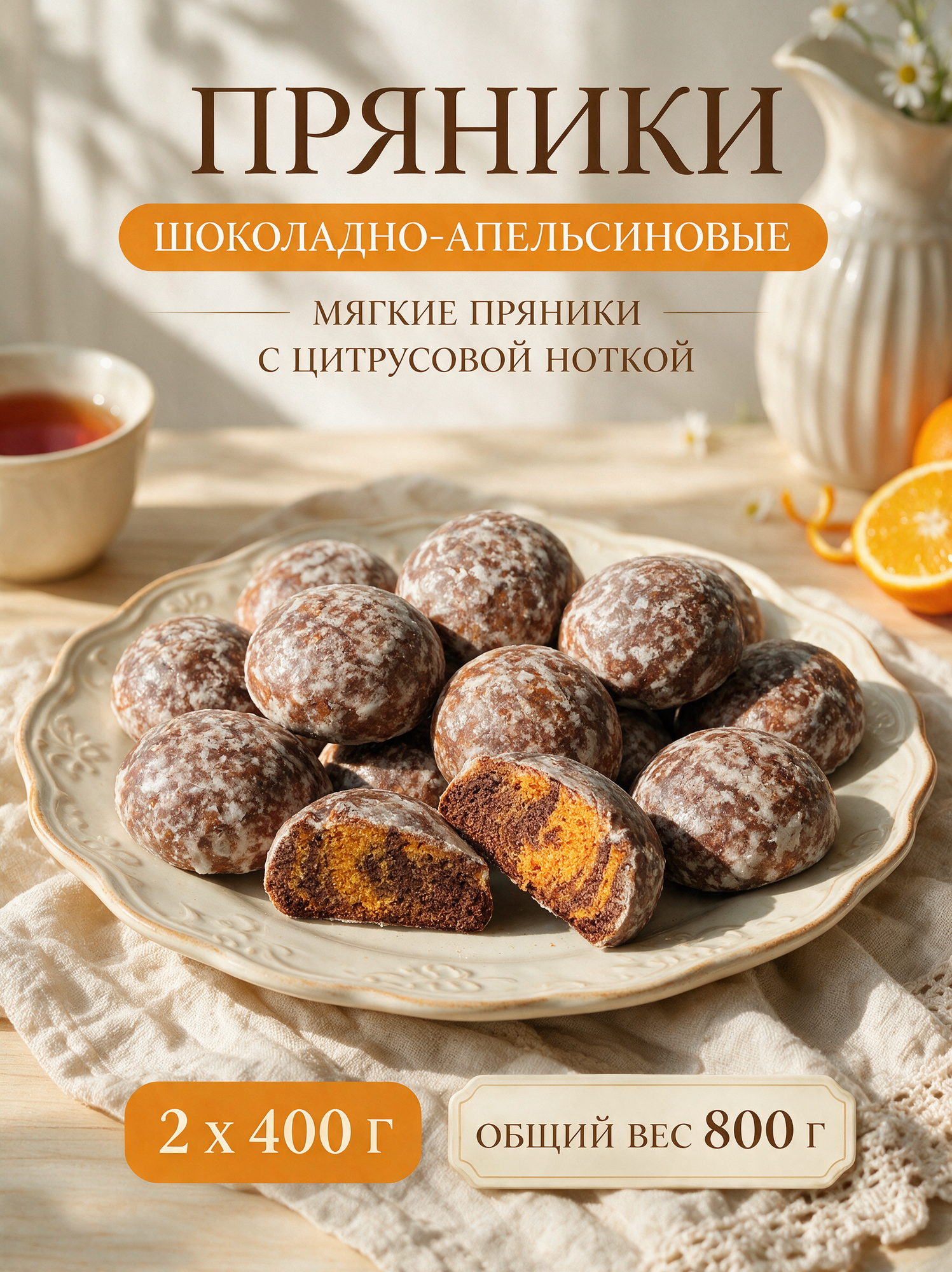 Пряники шоколадно-апельсиновые Остров Изобилия сырцовые 2 упаковки по 400 г, набор 800 г