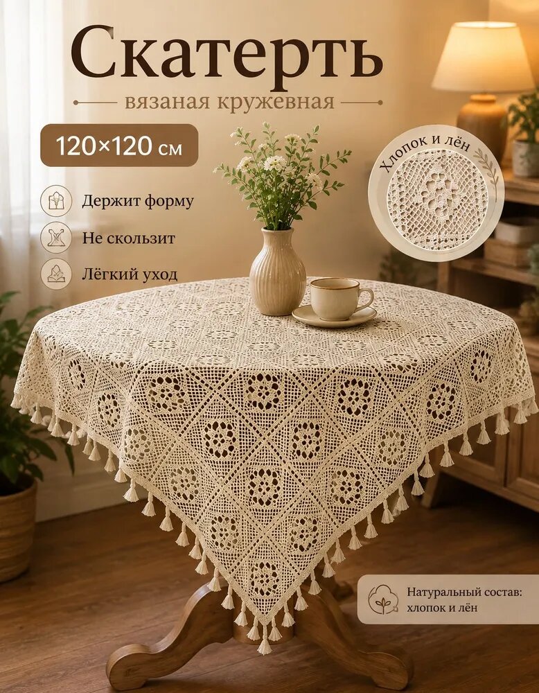 Скатерть 120x120 см лён светло-бежевый