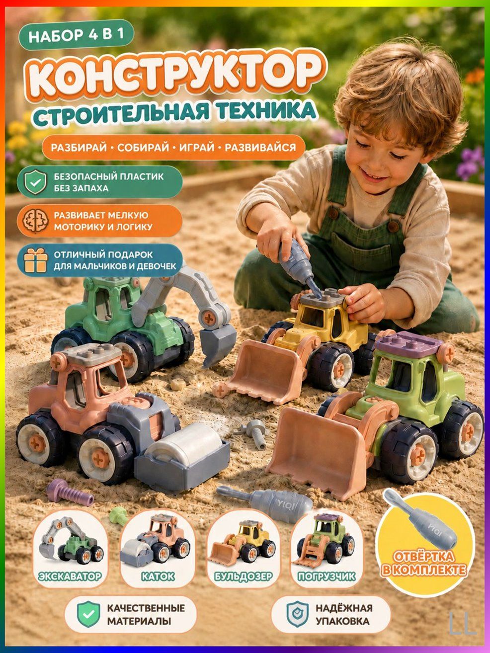 Конструктор машинки для детей, разбираемые строительные машины 4 шт, с отверткой, развивающий конструктор для мальчиков