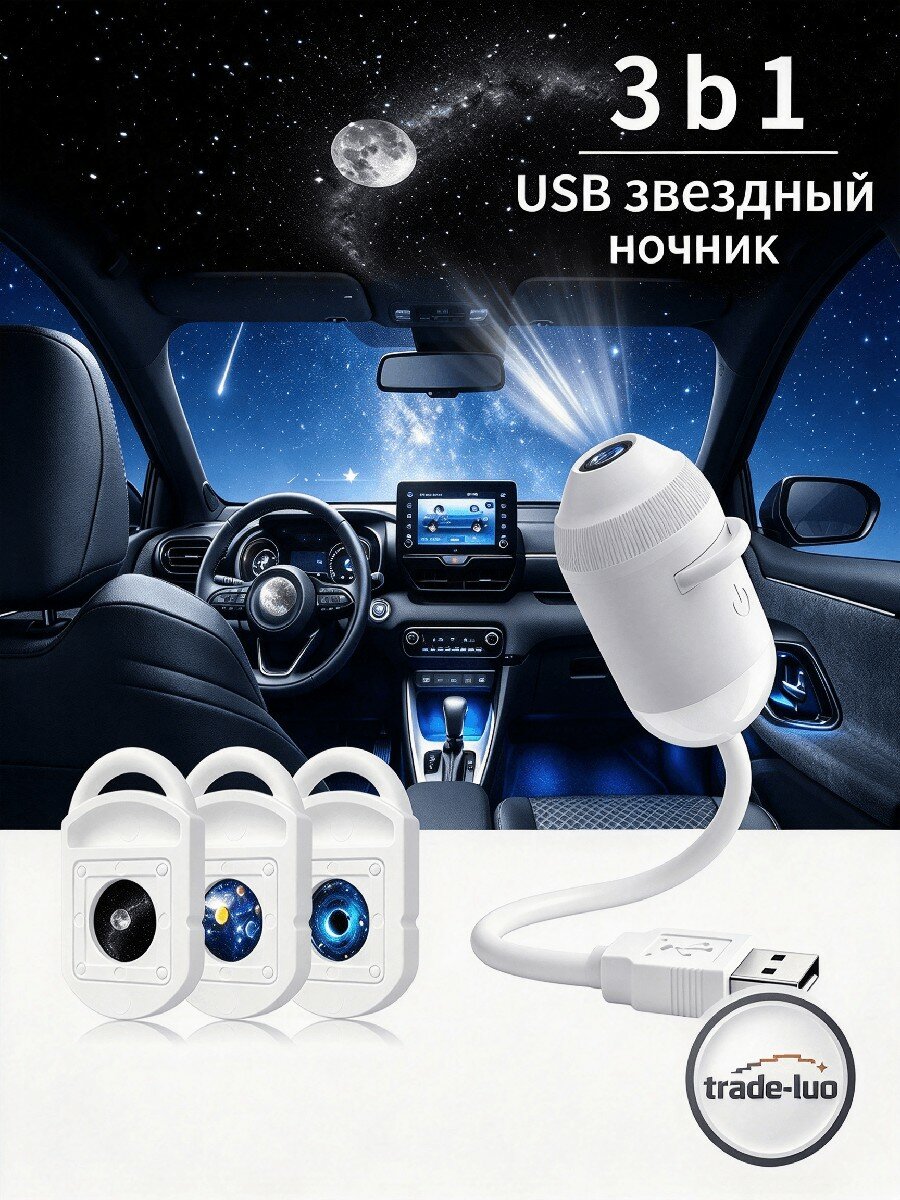 USB проектор звездного неба, комплект из 3сменных дисков, портативная лампа-проектор, ночник для машины и интерьера дома