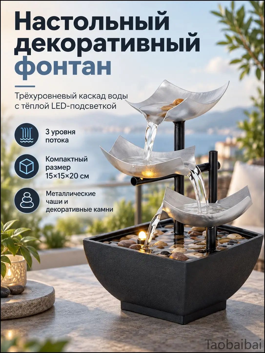 Эксклюзивный декоративный водопад с подсветкой и камнями, настольный фонтан для дома-