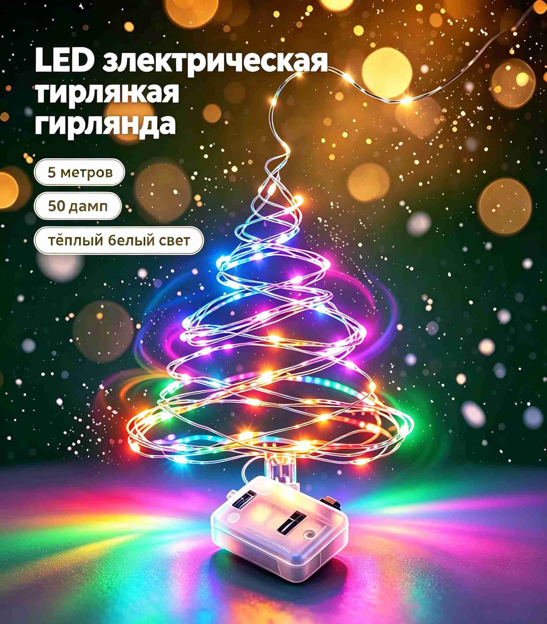 Электрогирлянда интерьерная Нить светодиодная 50 ламп, 5 м, питание lr1130, lr54 (ag10), 1 шт
