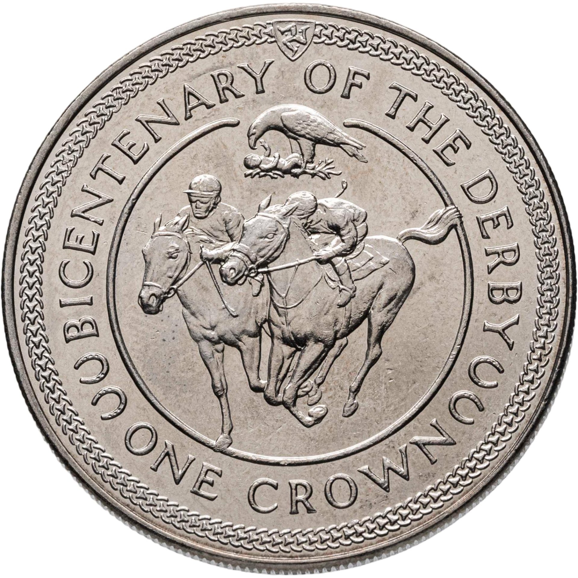 Остров Мэн 1 крона crown 1980 "200 лет скаковых Дерби", Мельхиор медь-никель, в сохранности AU-UNC