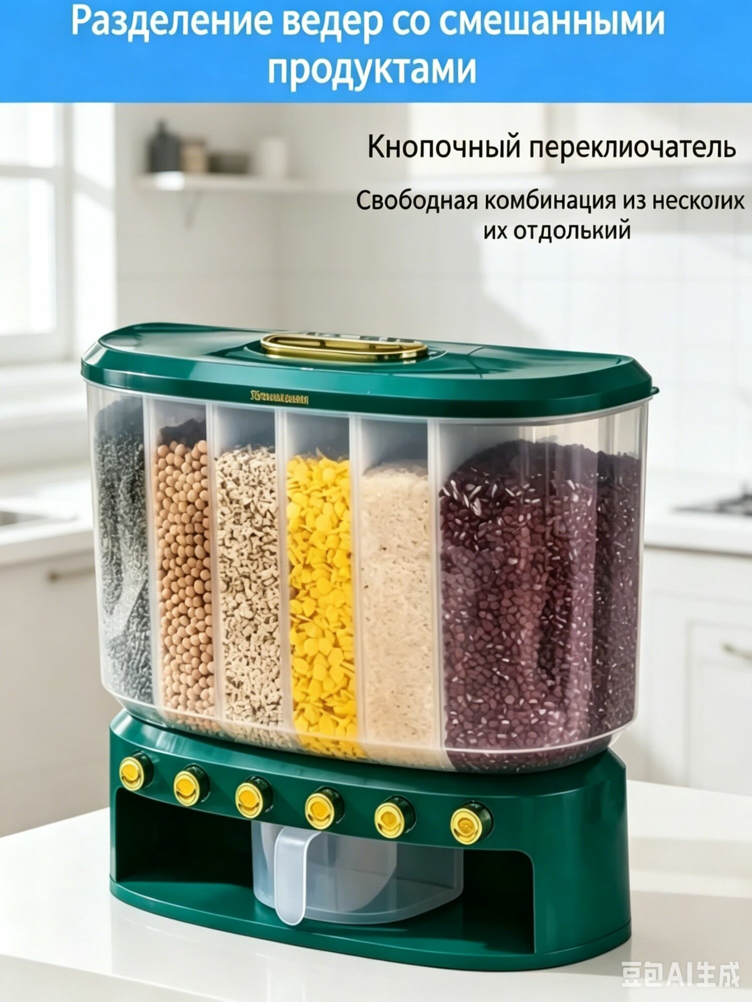 Диспенсер для сыпучих продуктов 10000 мл 1 шт abs пластик, светло-зеленый, объем 10000 мл, высота 27 см