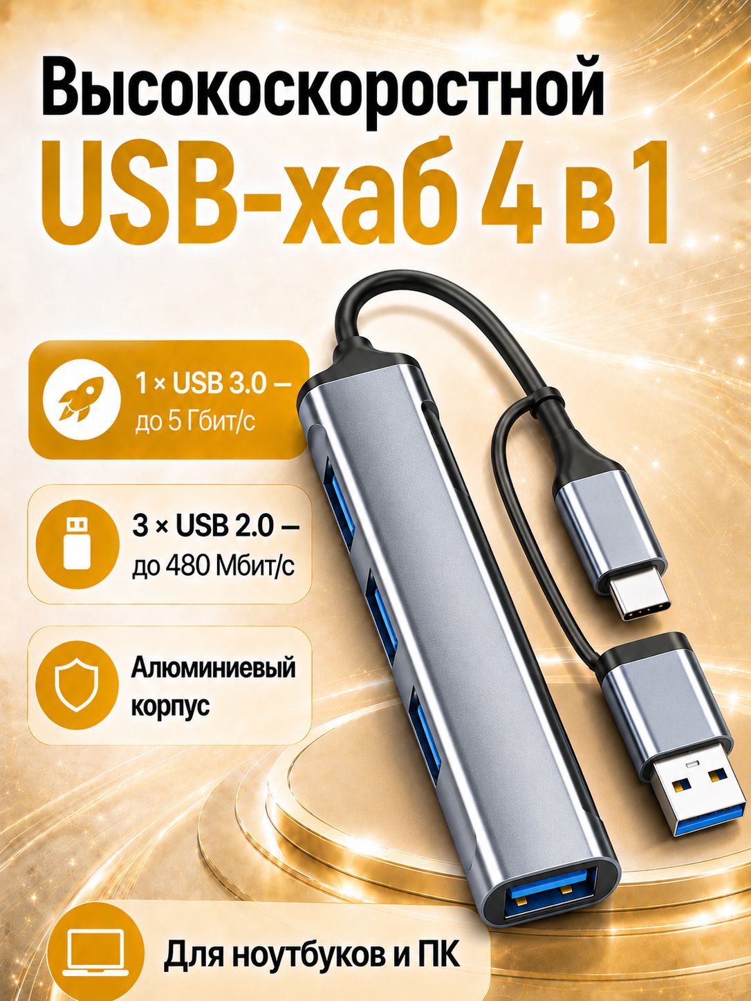 Usb Type c Hub 3.0 /Type-c Hub /Usb концентратор USB 3.0/ разветвитель 4 в 1/ USB хаб для компьютера и периферийных устройств USB